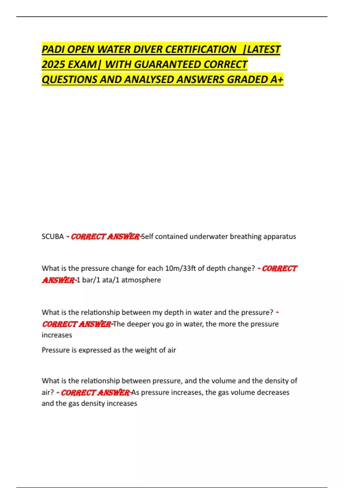 PADI OPEN WATER DIVER CERTIFICATION |LATEST 2025 EXAM| WITH GUARANTEED ...