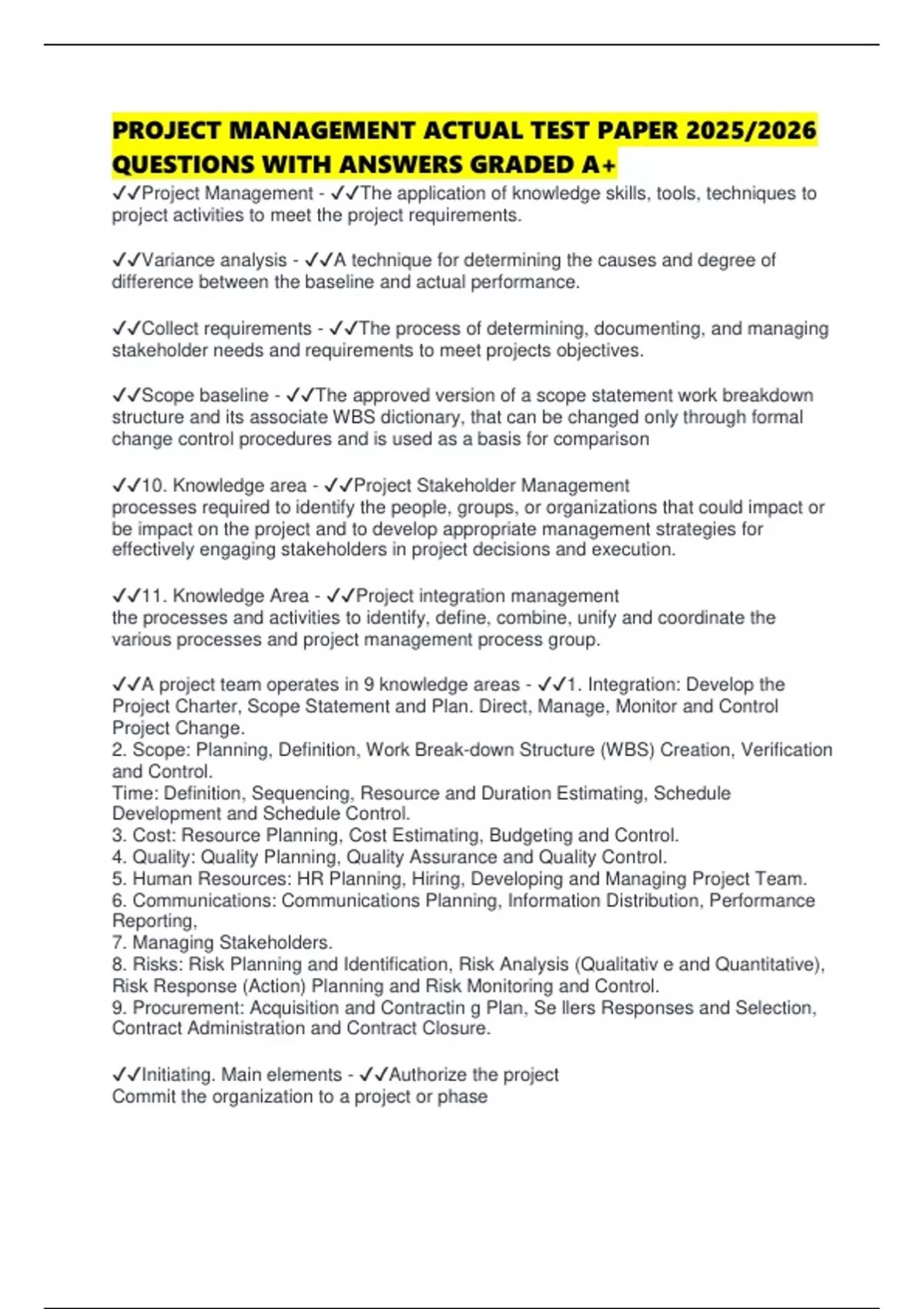 PROJECT MANAGEMENT ACTUAL TEST PAPER 2025/2026 QUESTIONS WITH ANSWERS ...