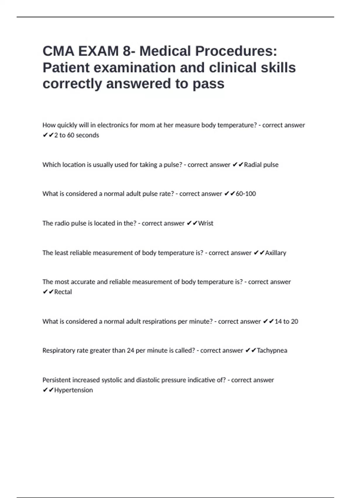 CMA EXAM 8- Medical Procedures: Patient examination and clinical skills ...