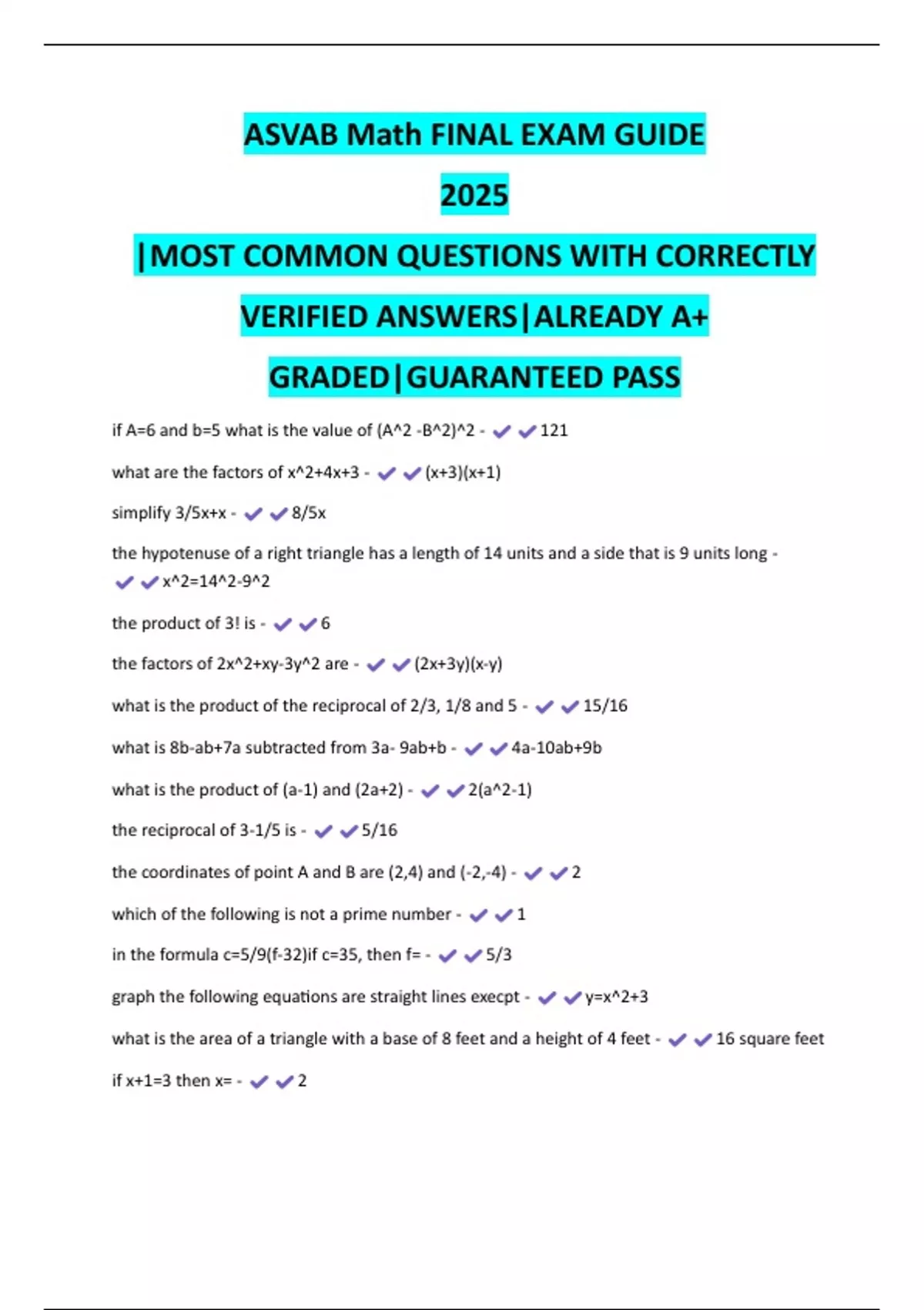 ASVAB Math Exam Cheatsheet 2025/26 | Verified, Graded, and Pass ...
