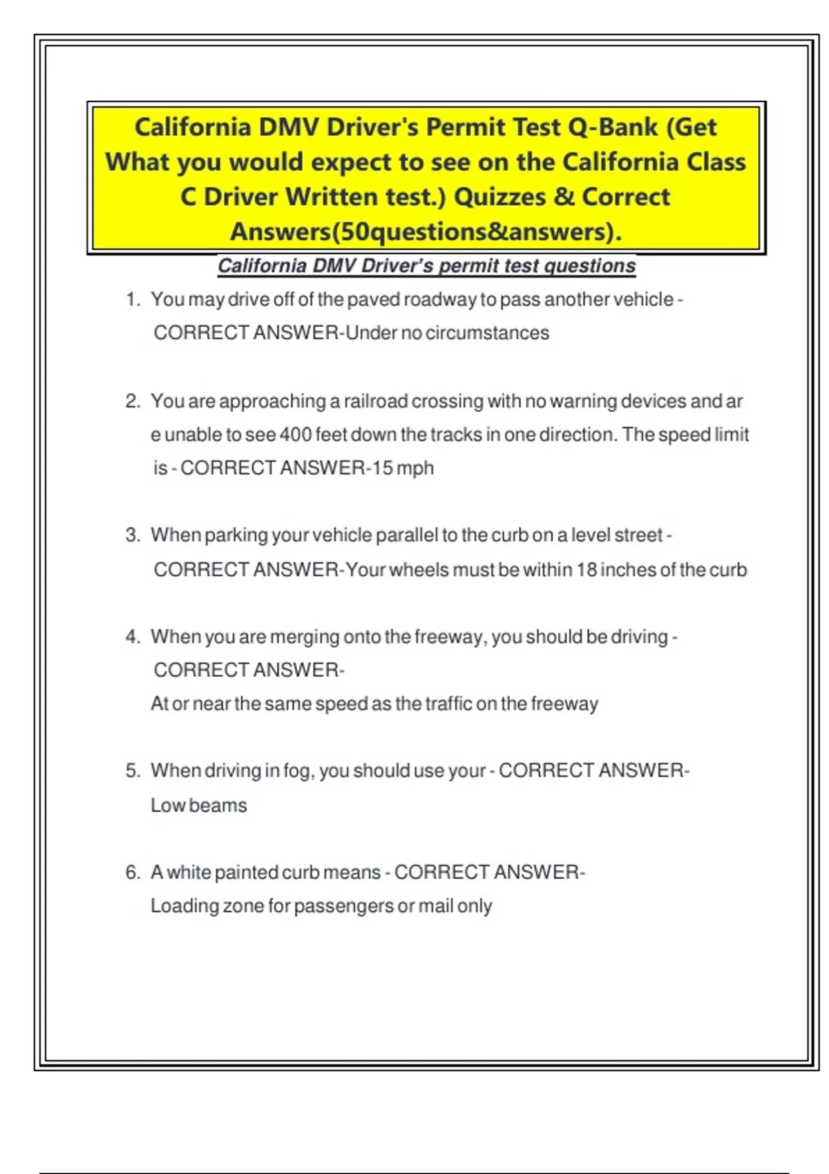 California DMV Driver's Permit Test Q-Bank (Get What you would expect ...