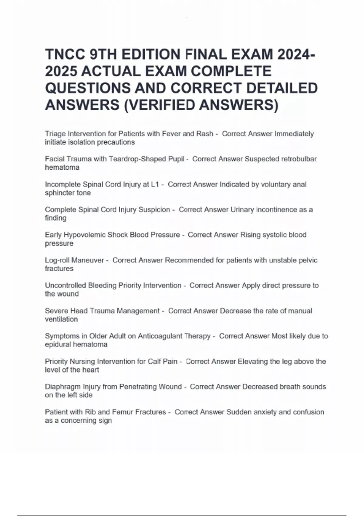 TNCC 9TH EDITION FINAL EXAM ACTUAL EXAM COMPLETE QUESTIONS AND CORRECT ...