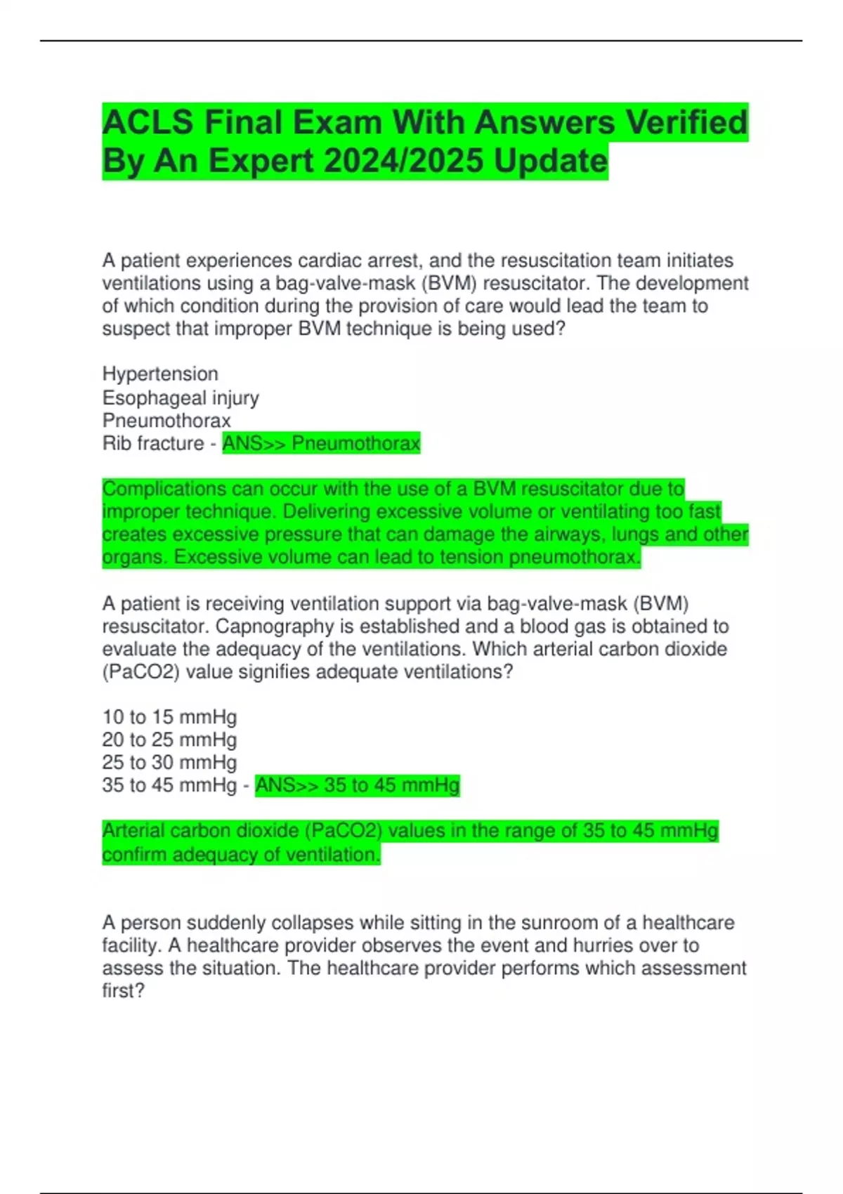 ACLS Final Exam With Answers Verified By An Expert 2024/2025 Update ...