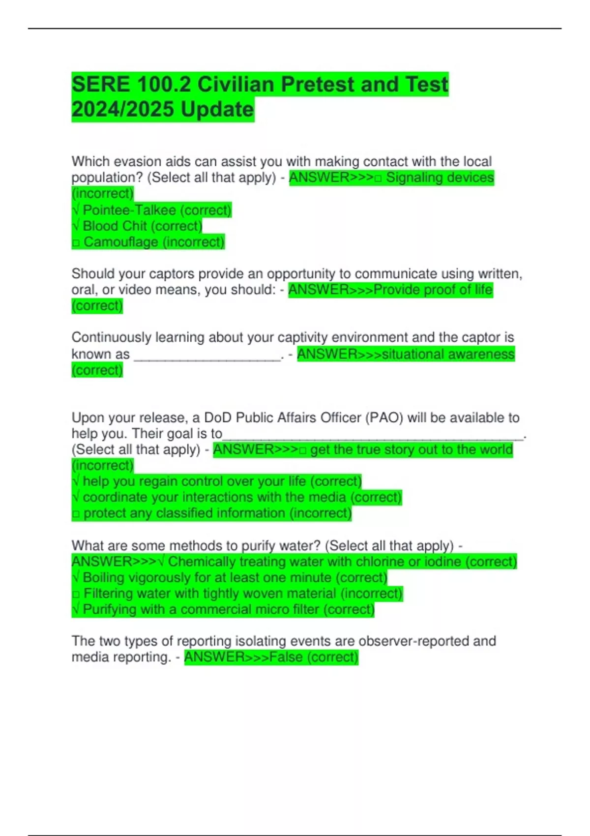 SERE 100.2 Civilian Pretest and Test 2024/2025 Update - SERE 100.2 ...