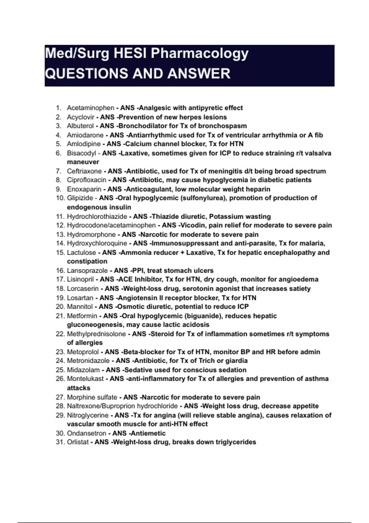 Med/Surg HESI Pharmacology QUESTIONS AND ANSWER - MedSurge Hesi - Stuvia US