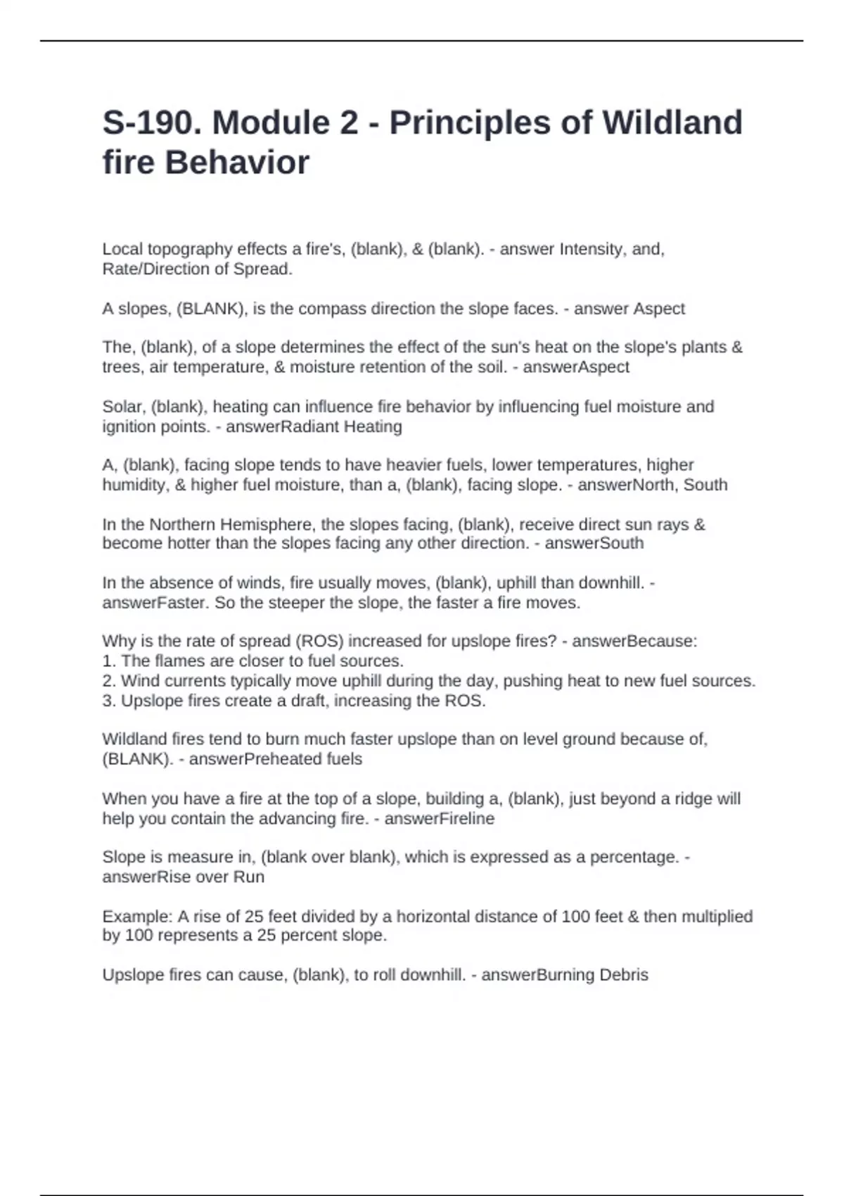 S-190. Module 2 - Principles of Wildland fire Behavior Questions and ...