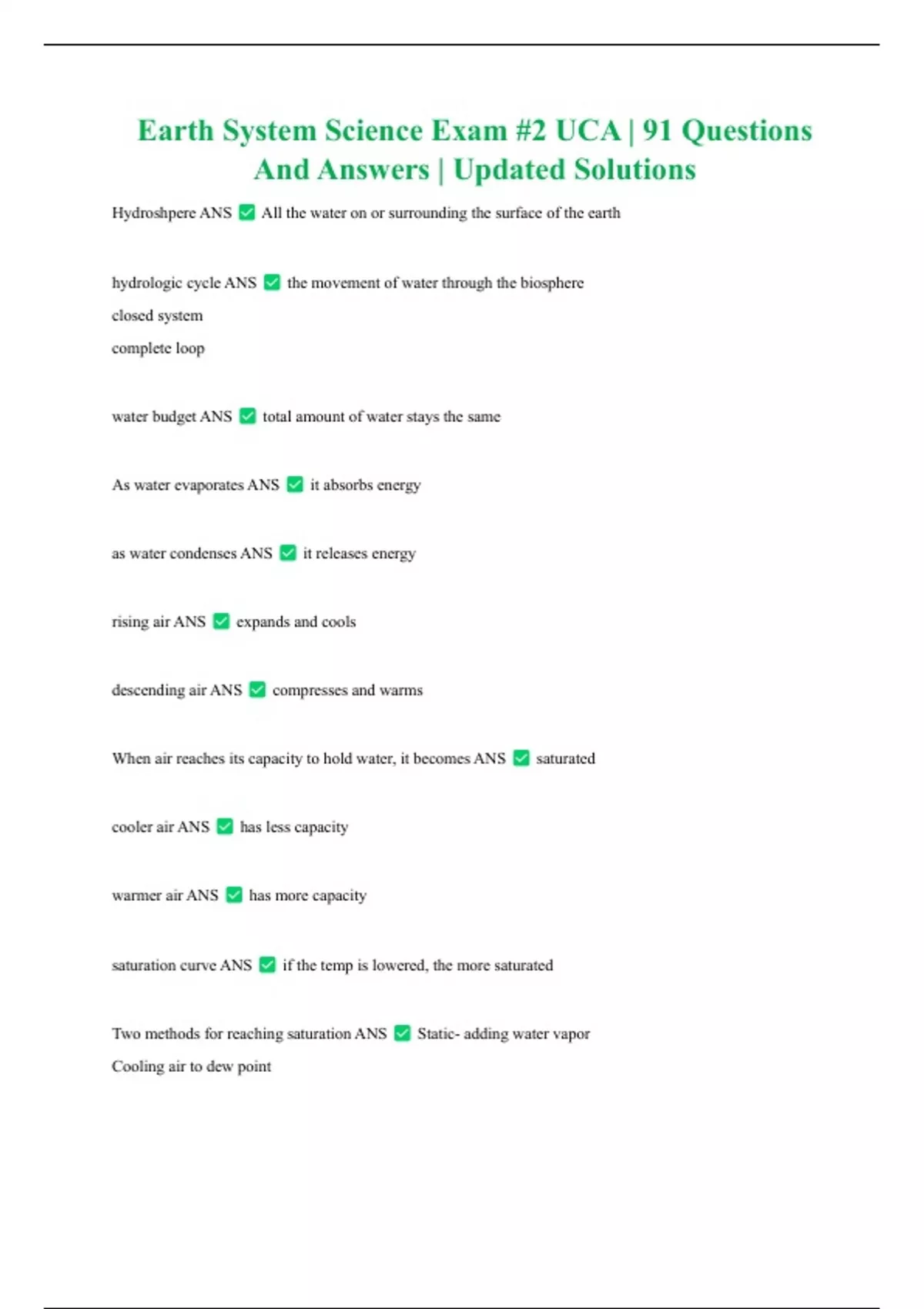 Earth System Science Exam #2 UCA | 91 Questions And Answers | Updated ...