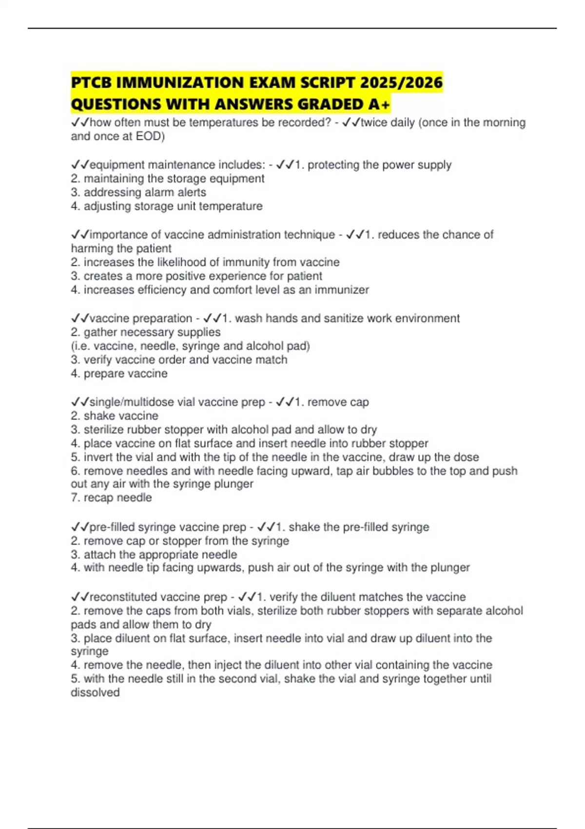 PTCB IMMUNIZATION EXAM SCRIPT 2025/2026 QUESTIONS WITH ANSWERS GRADED ...