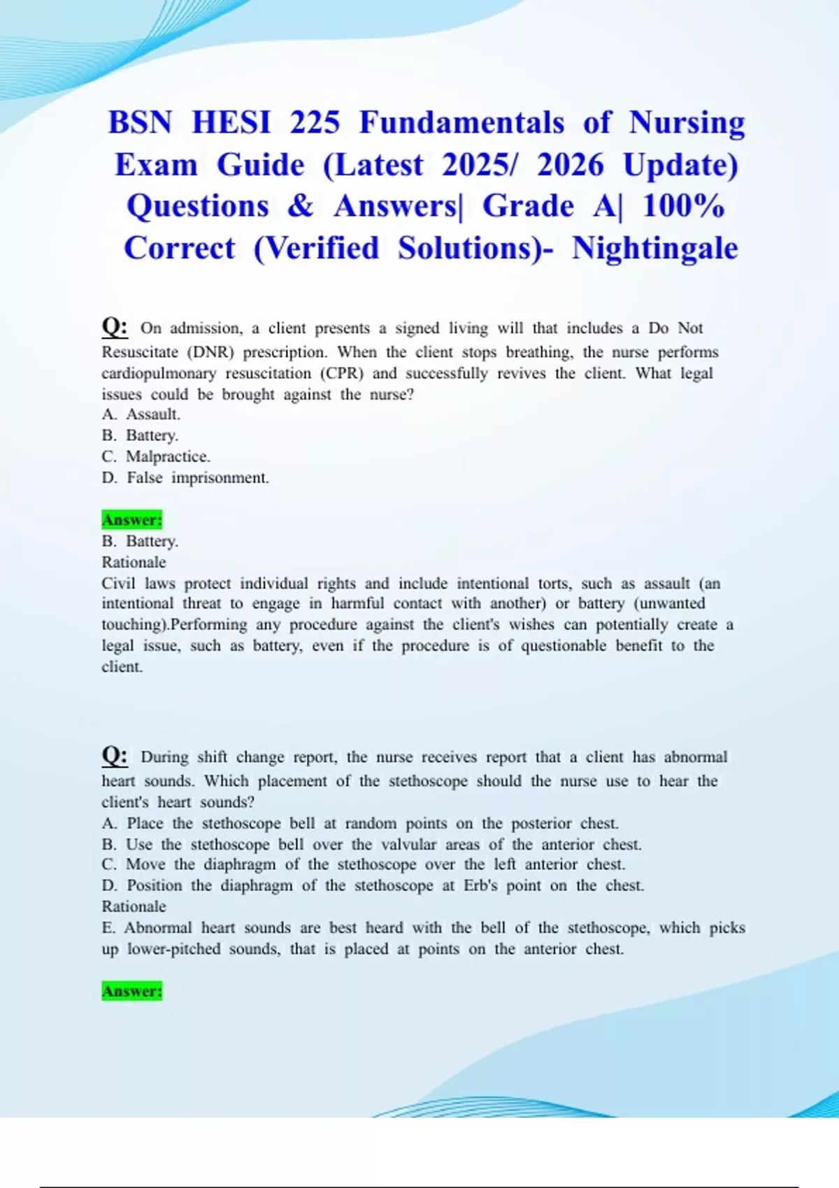 BSN HESI 225 Fundamentals of Nursing Exams (Latest 2025/ 2026 Updates ...