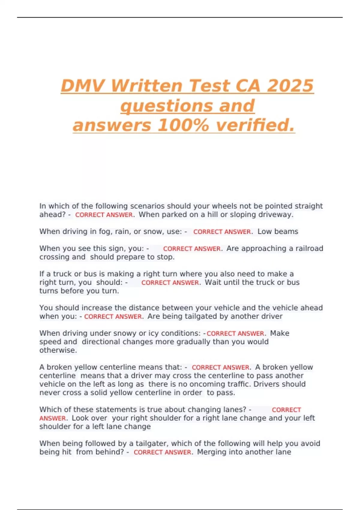 DMV Written Test CA 2025 questions and answers 100% verified - DMV ...