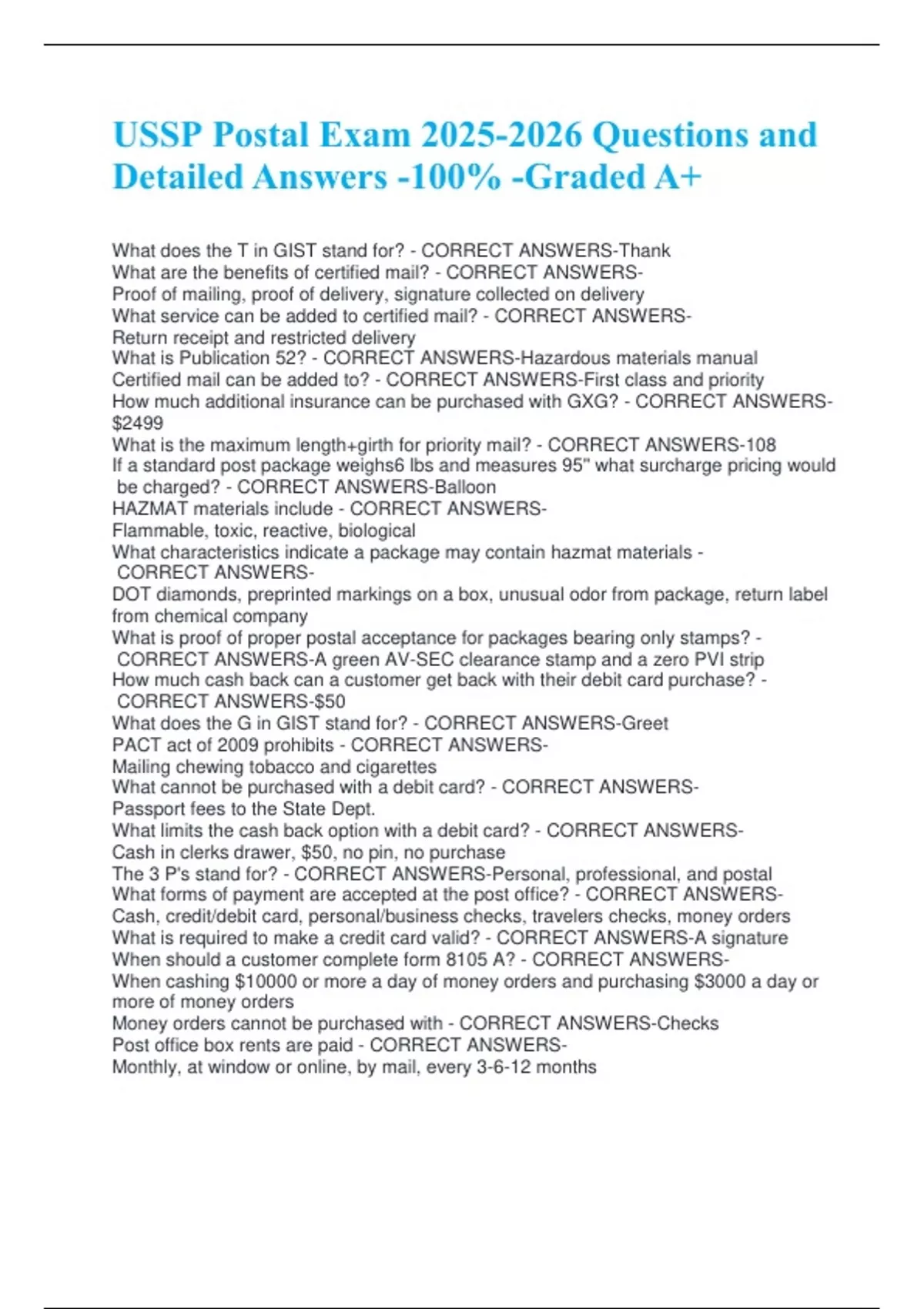 USSP Postal Exam Questions and Detailed Answers -100% -Graded A+ - Usps ...