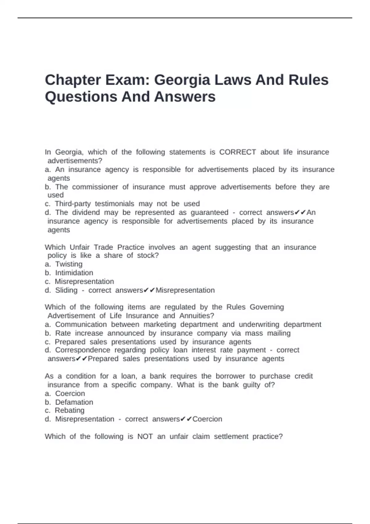 Chapter Exam: Georgia Laws And Rules Questions And Answers - Georgia Laws and Rules - Stuvia US