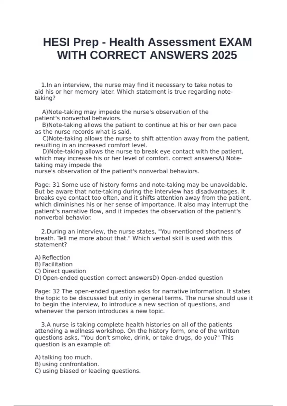 HESI Prep - Health Assessment EXAM WITH CORRECT ANSWERS 2025 - HESI ...