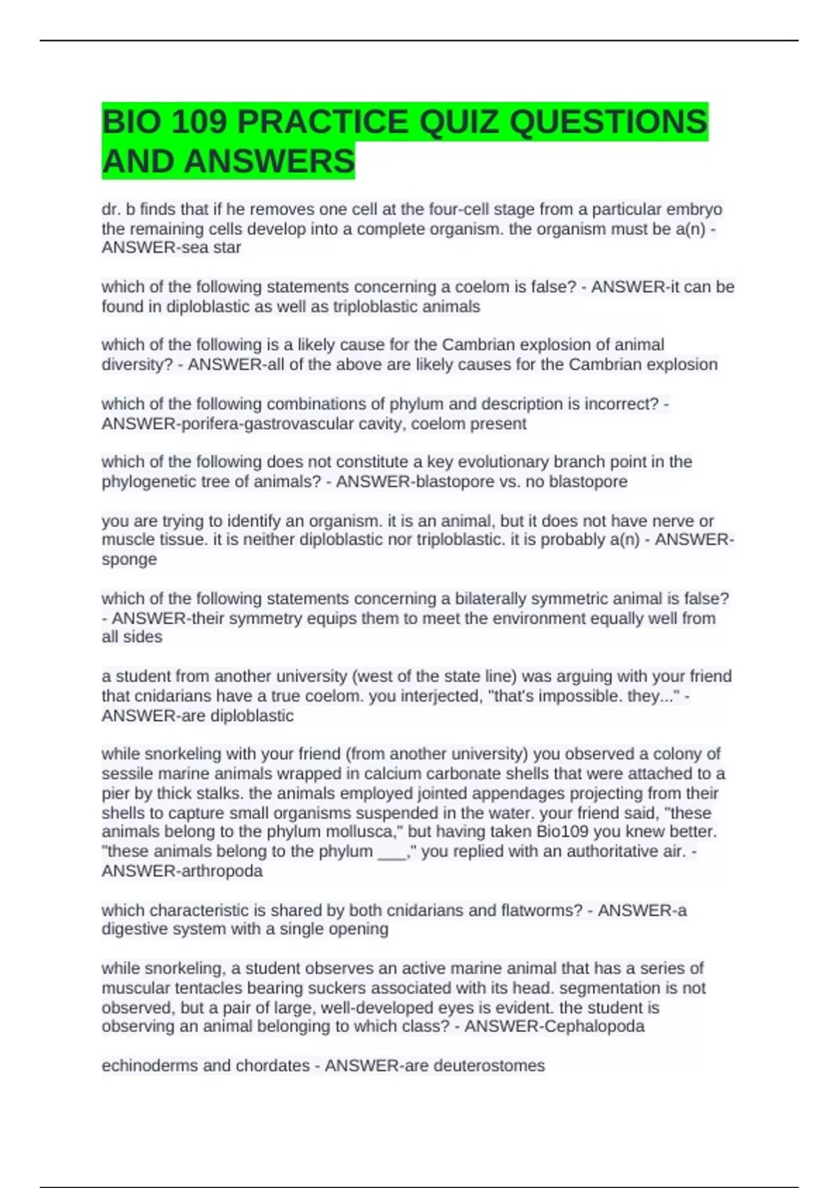 BIO 109 PRACTICE QUIZ QUESTIONS AND ANSWERS - Biology 109 - Stuvia US