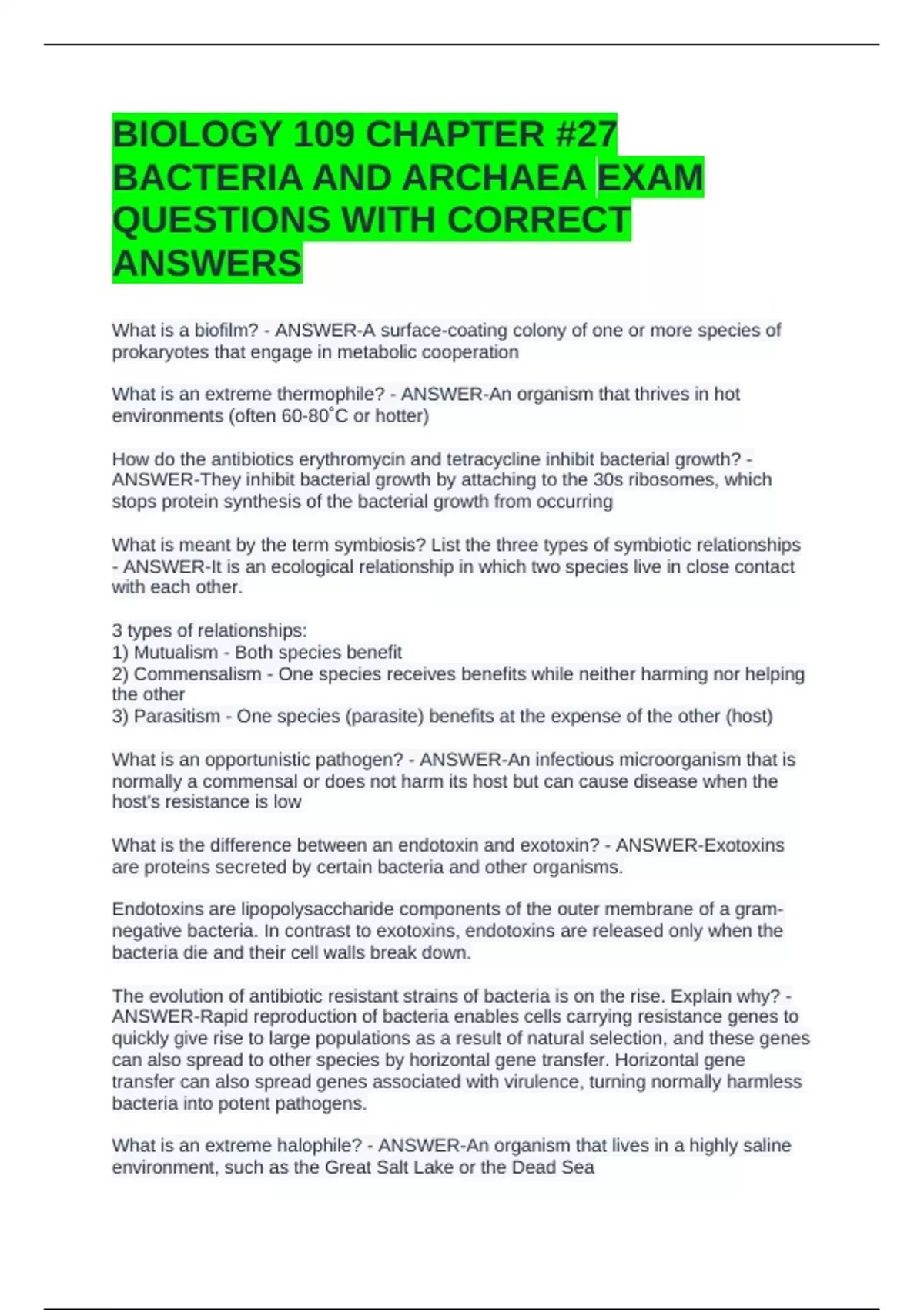 BIOLOGY 109 CHAPTER #27 BACTERIA AND ARCHAEA EXAM QUESTIONS WITH ...