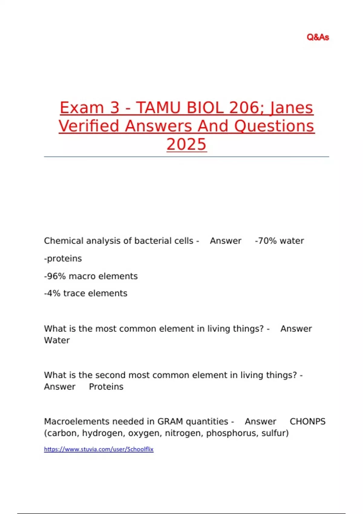 Exam 3 - TAMU BIOL 206; Janes Verified Answers And Questions 2025 - BIOL 206 - Stuvia US