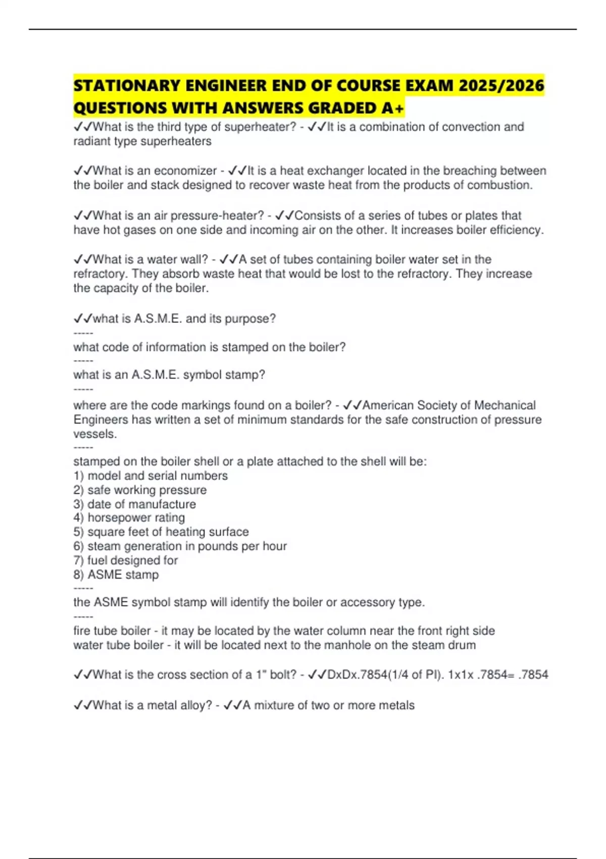 STATIONARY ENGINEER END OF COURSE EXAM 2025/2026 QUESTIONS WITH ANSWERS GRADED A+ - Stationary ...