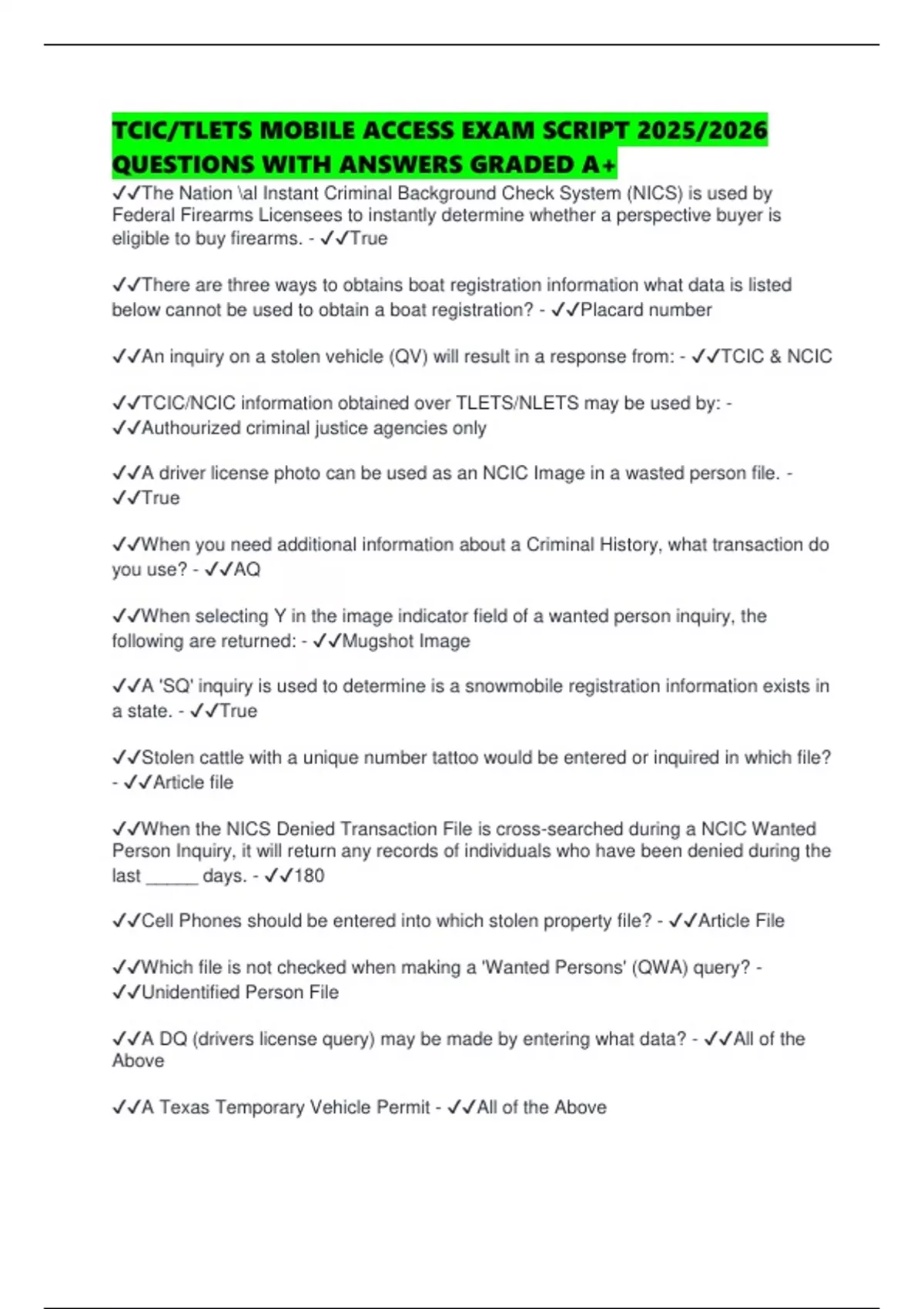 TCIC/TLETS MOBILE ACCESS EXAM SCRIPT 2025/2026 QUESTIONS WITH ANSWERS GRADED A+ - TCIC/TLETS ...