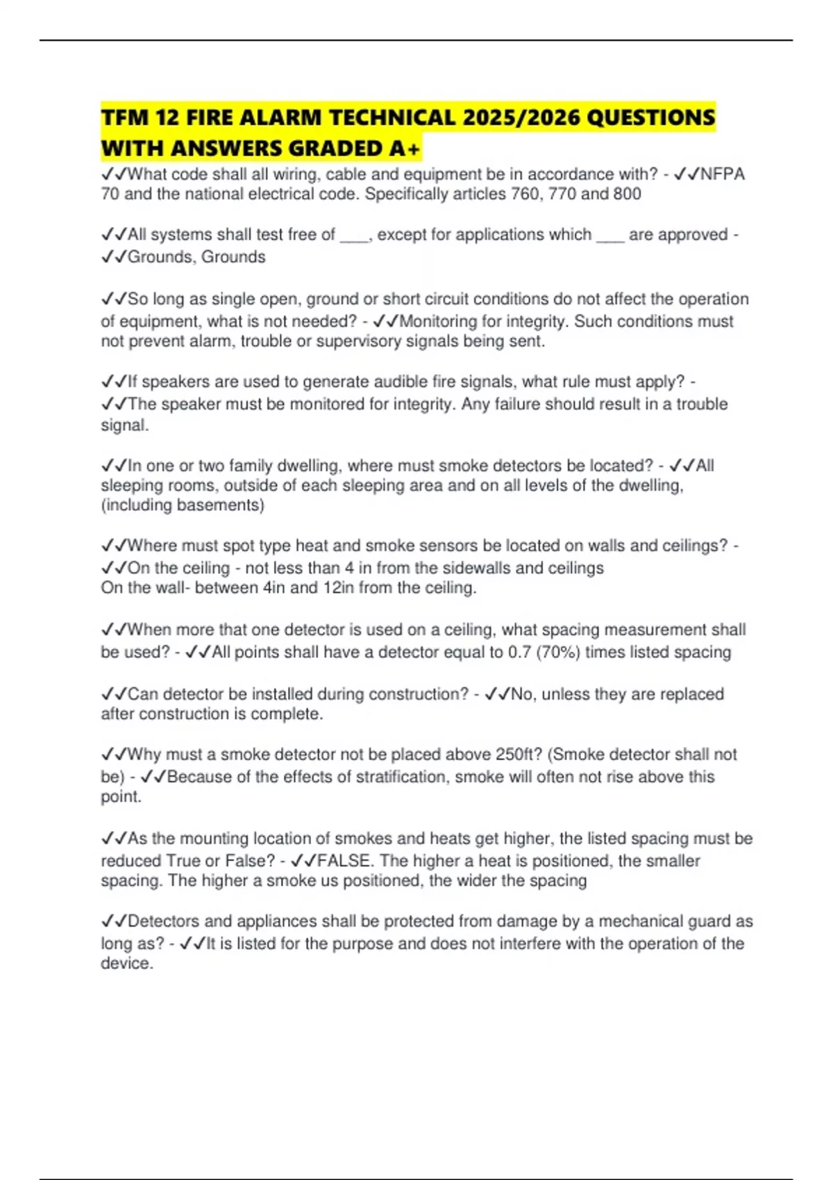 TFM 12 FIRE ALARM TECHNICAL 2025/2026 QUESTIONS WITH ANSWERS GRADED A+ ...