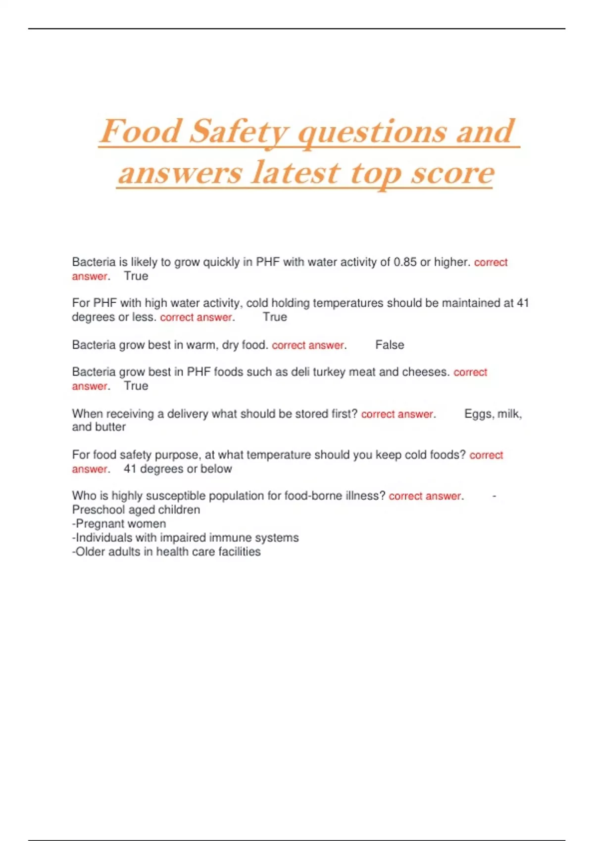 Food Safety questions and answers latest top score - Food Safety ...