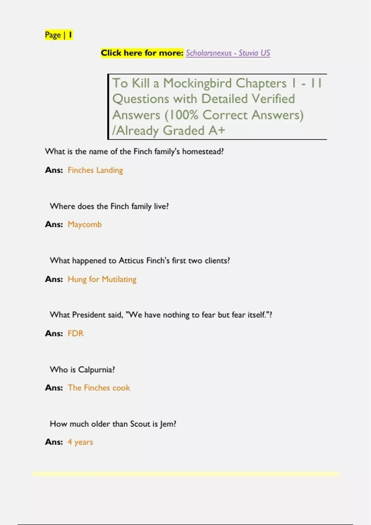 To Kill a Mockingbird Chapters 1 - 11 Questions with Detailed Verified ...