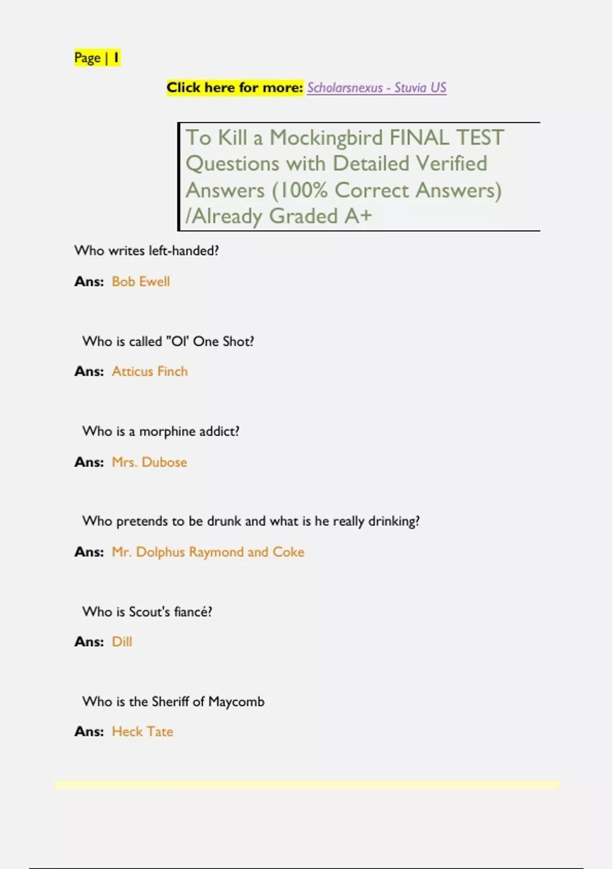To Kill a Mockingbird FINAL TEST Questions with Detailed Verified ...
