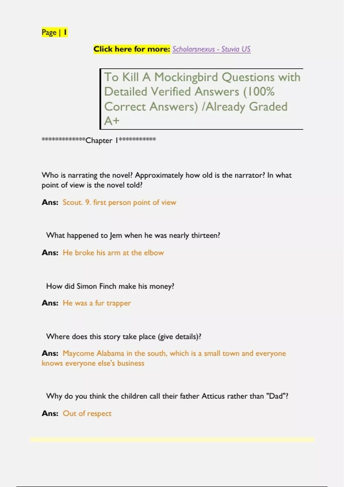 To Kill A Mockingbird Questions with Detailed Verified Answers (100% ...
