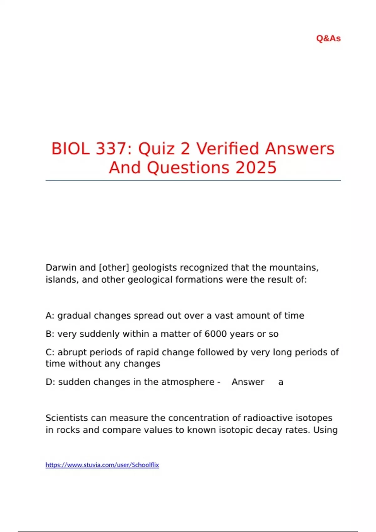 BIOL 337 Quiz 2 Verified Answers And Questions 2025 - BIOL337 - Stuvia US