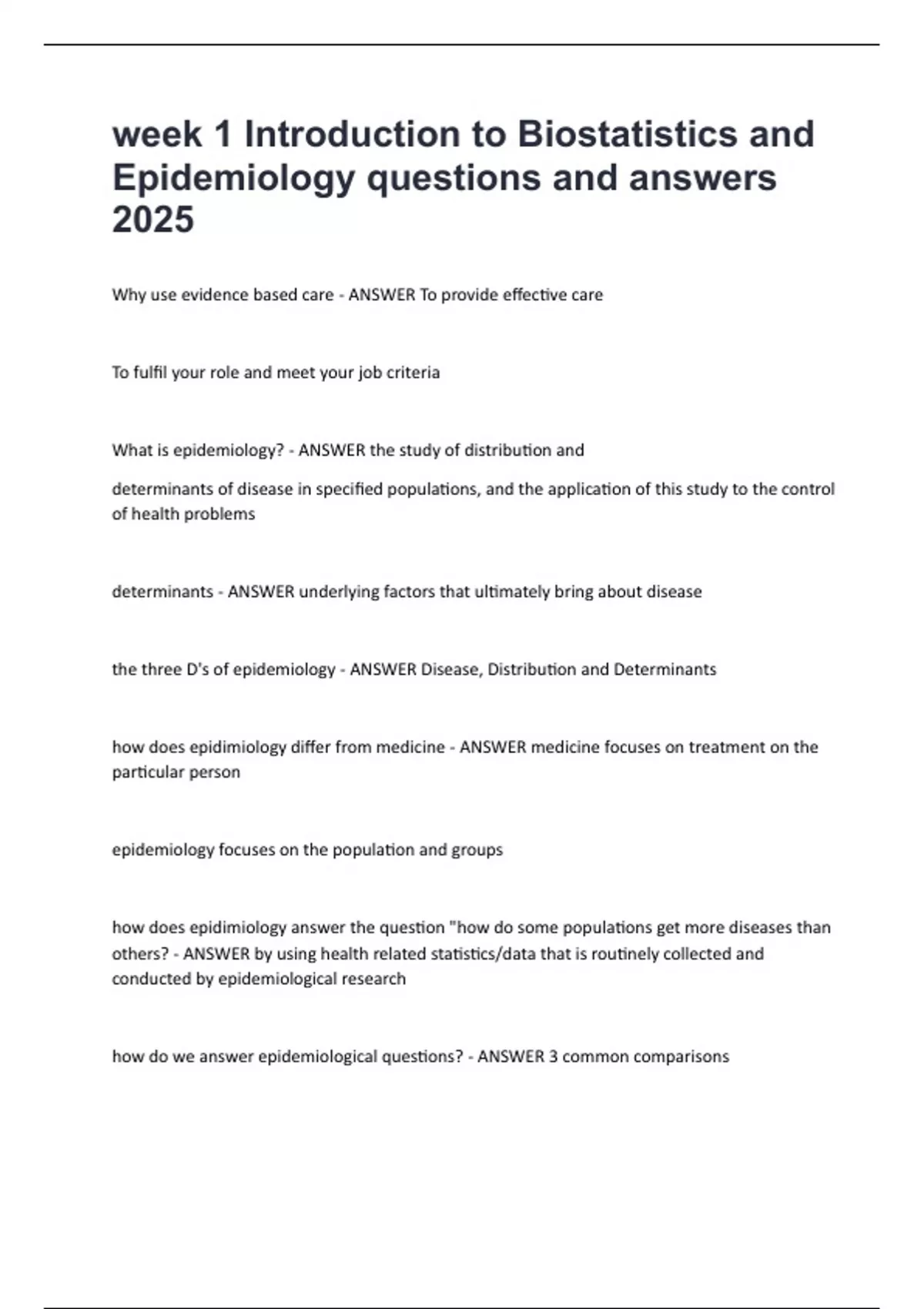 week 1 Introduction to Biostatistics and Epidemiology questions and answers 2025 - Applied ...
