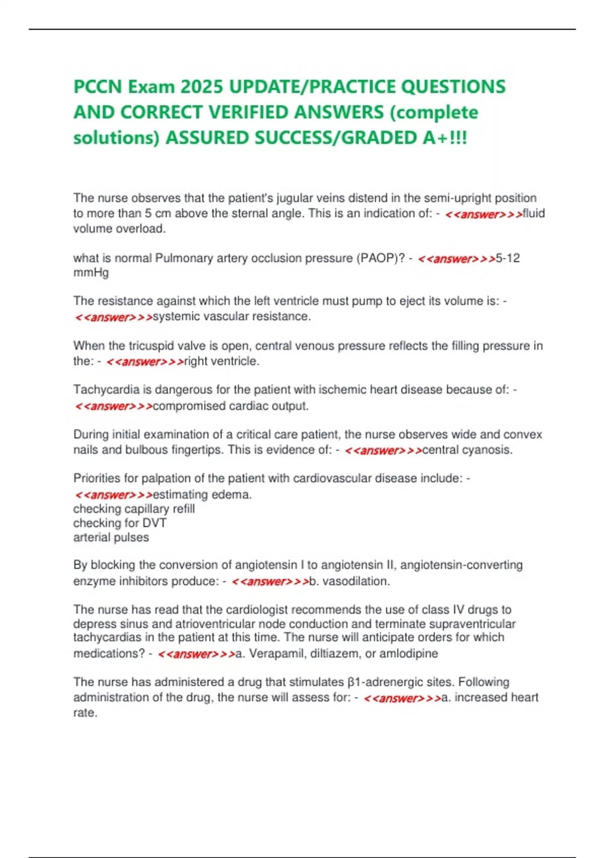 PCCN Exam 2025 UPDATE/PRACTICE QUESTIONS AND CORRECT VERIFIED ANSWERS ...