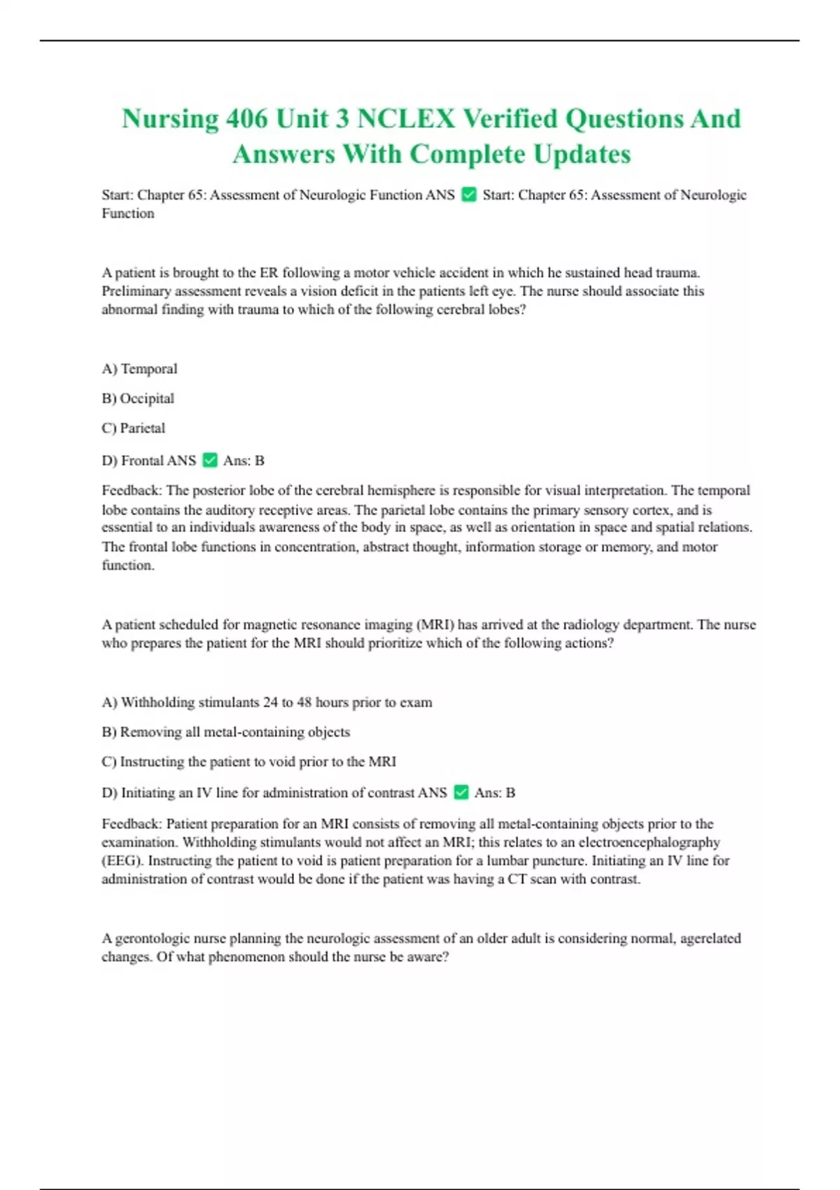 Nursing 406 Unit 3 NCLEX Verified Questions And Answers With Complete ...