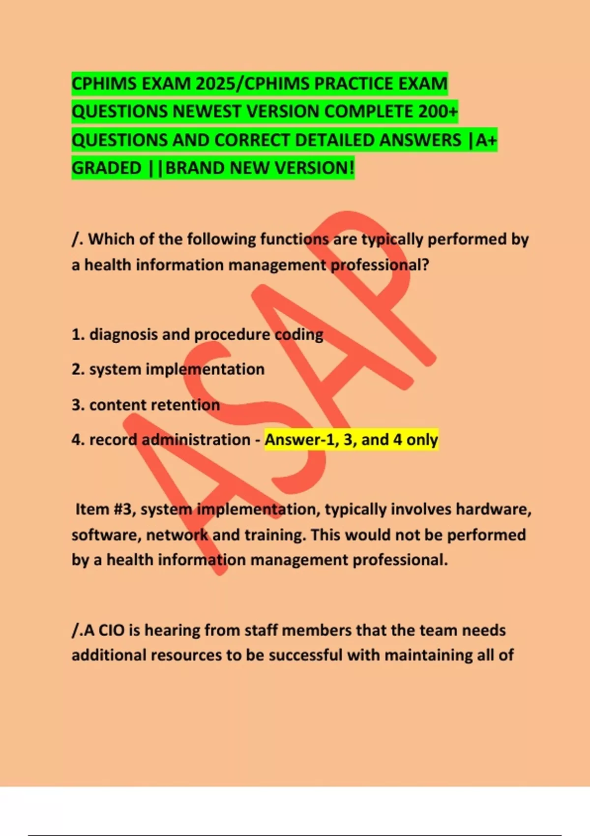 CPHIMS EXAM 2025/CPHIMS PRACTICE EXAM QUESTIONS NEWEST VERSION COMPLETE 200+ QUESTIONS AND ...