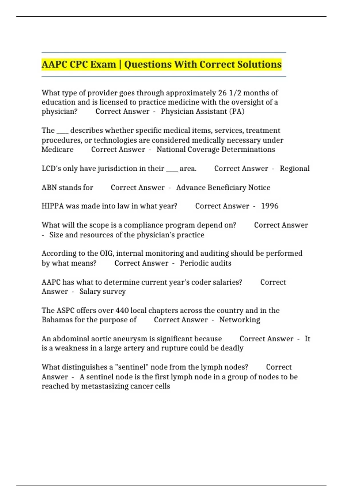 AAPC CPC Exam | Questions With Correct Solutions - AAPC CPC - Stuvia US