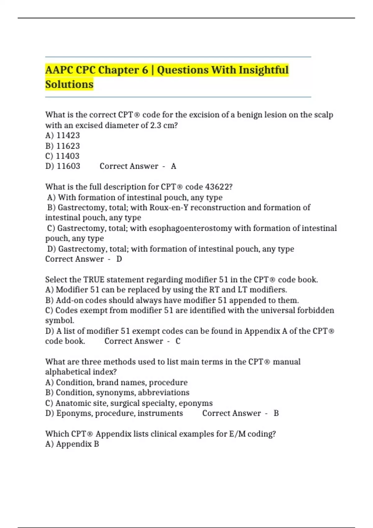 AAPC CPC Chapter 6 | Questions With Insightful Solutions - AAPC CPC ...