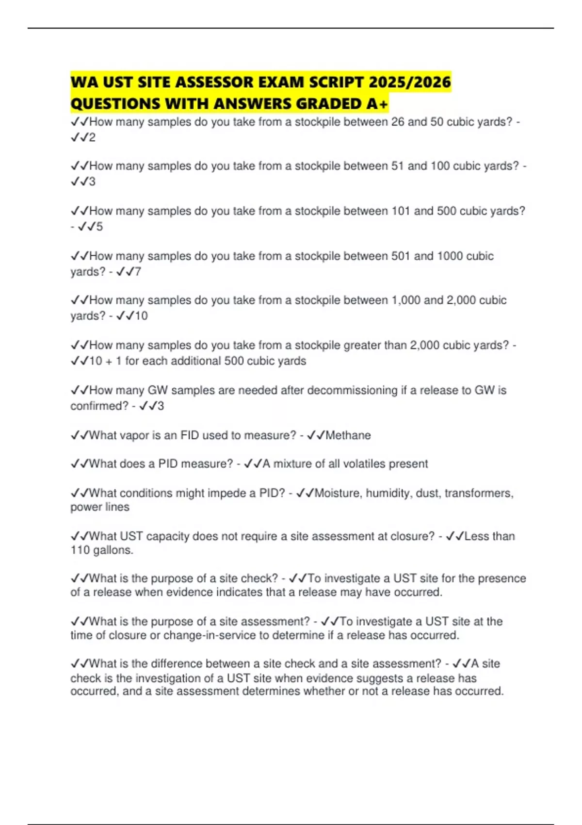 WA UST SITE ASSESSOR EXAM SCRIPT 2025/2026 QUESTIONS WITH ANSWERS GRADED A+ - Assessor ...