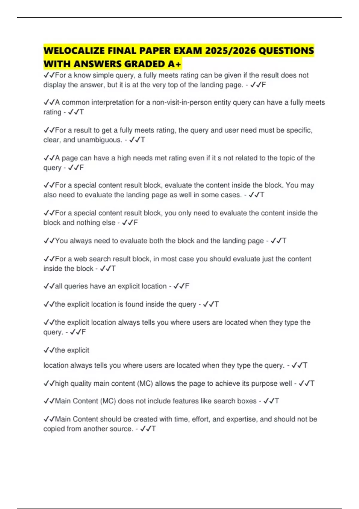 WELOCALIZE FINAL PAPER EXAM 2025/2026 QUESTIONS WITH ANSWERS GRADED A+ ...