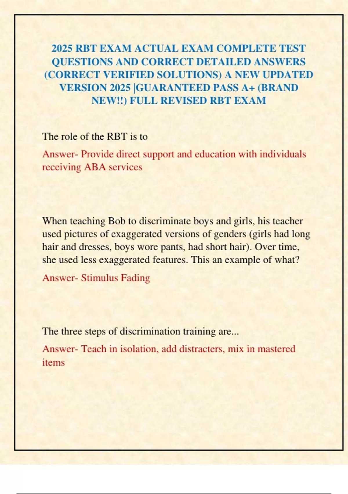 2025 RBT EXAM ACTUAL EXAM COMPLETE TEST QUESTIONS AND CORRECT DETAILED ...