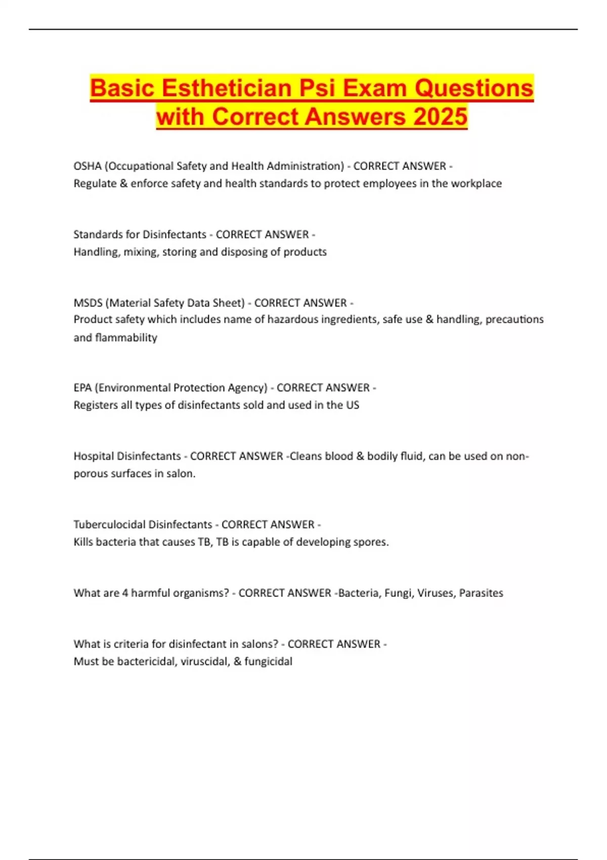 Basic Esthetician Psi Exam Questions with Correct Answers 2025 ...