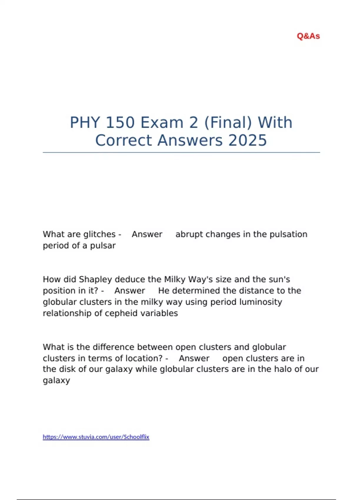 PHY 150 Exam 2 (Final) With Correct Answers 2025 - PHY 150 - Stuvia US