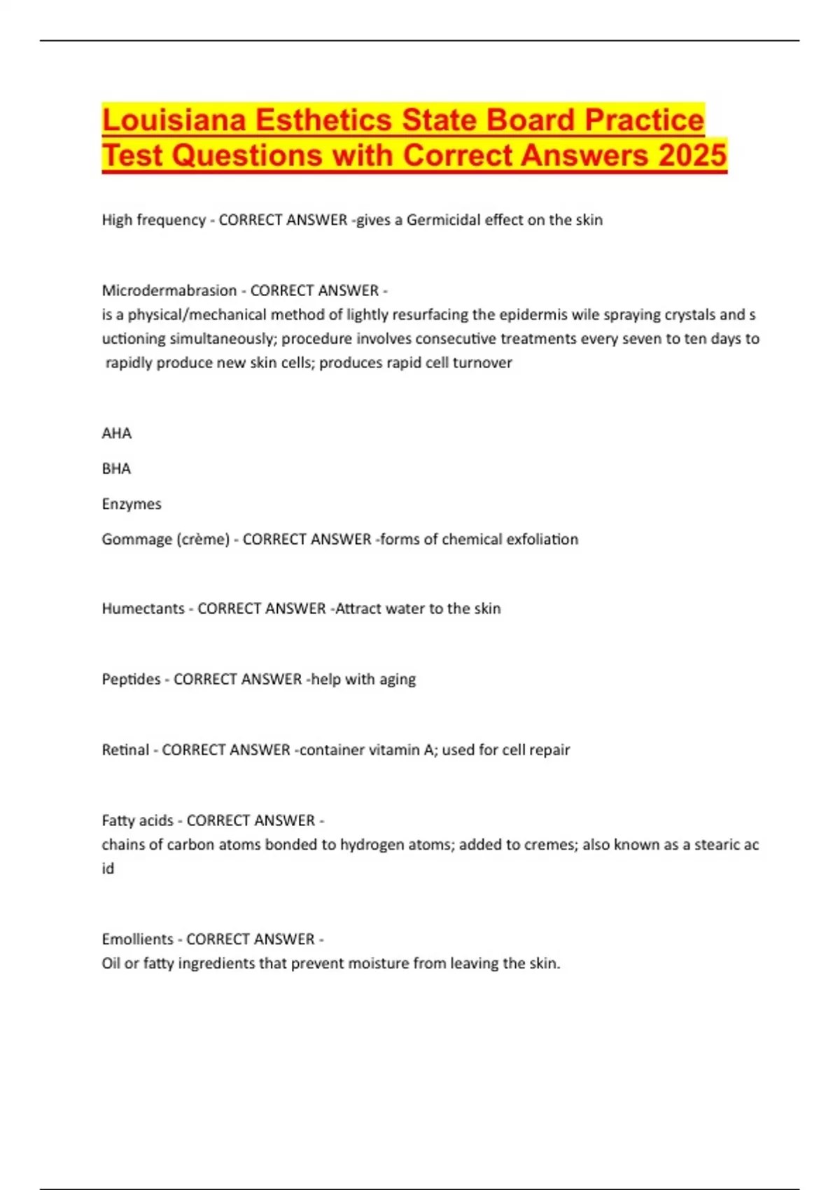 Louisiana Esthetics State Board Practice Test Questions with Correct ...