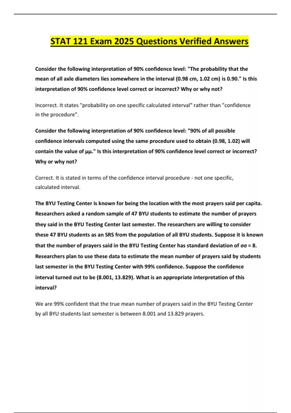 STAT 121 Exam 2025 Questions Verified Answers - STAT 121 - Stuvia US