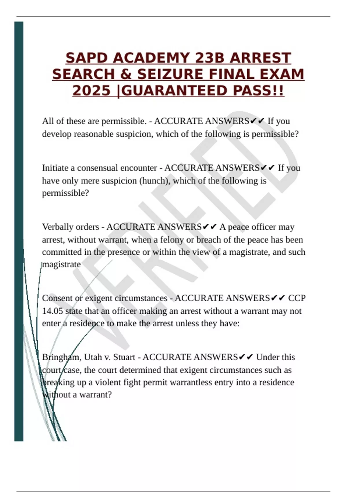 SAPD ACADEMY 23B ARREST SEARCH & SEIZURE FINAL EXAM 2025 |GUARANTEED ...