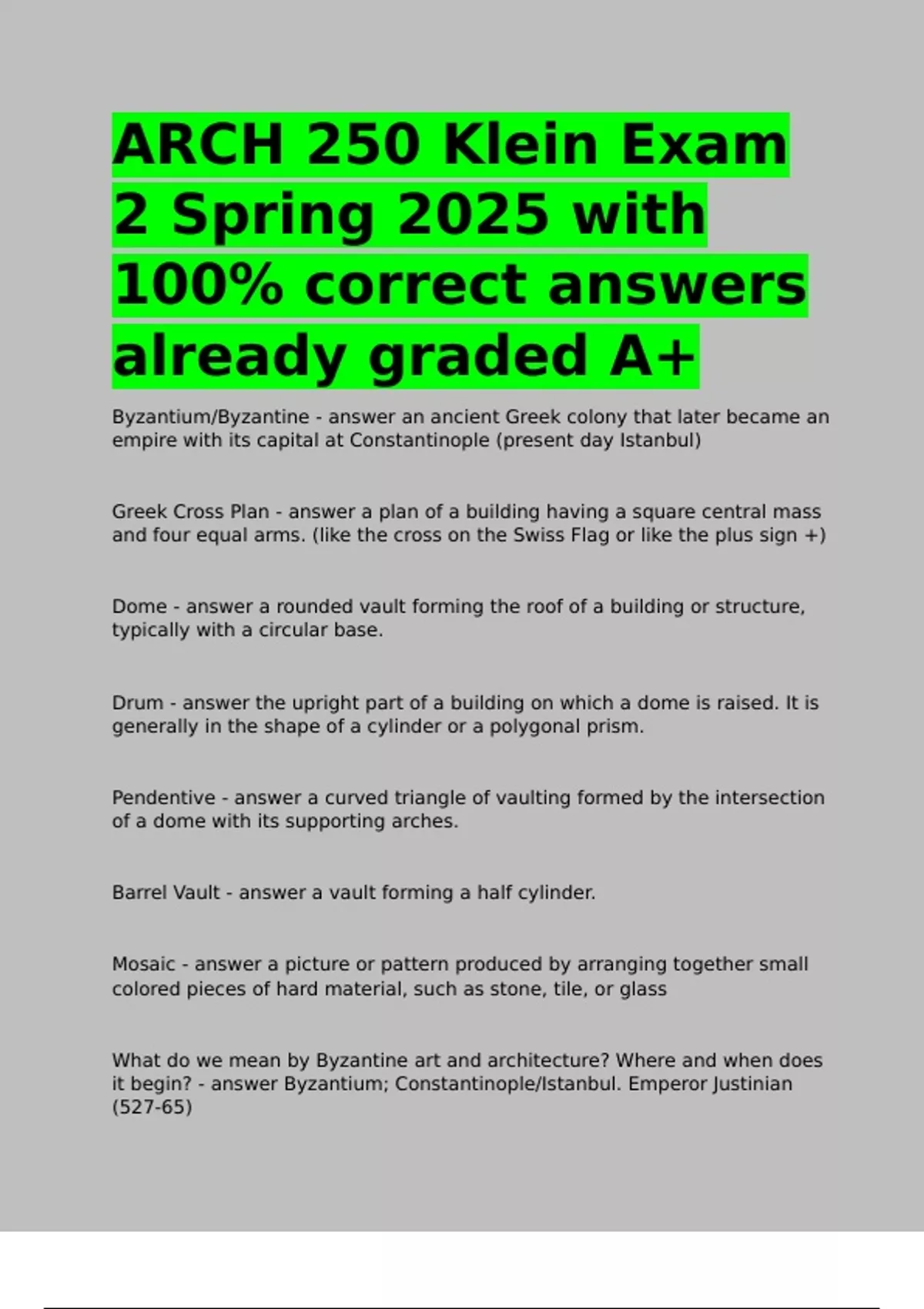 ARCH 250 Klein Exam 2 Spring 2025 with 100- correct answers already graded A+ - ARCH - Stuvia US