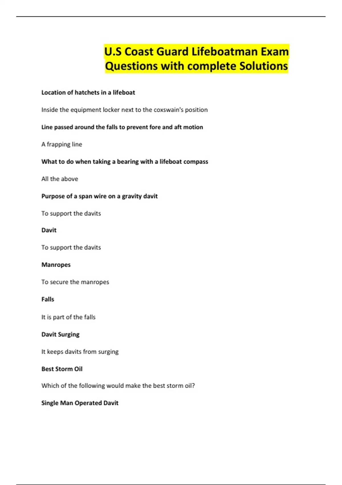 U.S Coast Guard Lifeboatman Exam Questions with complete Solutions - U ...