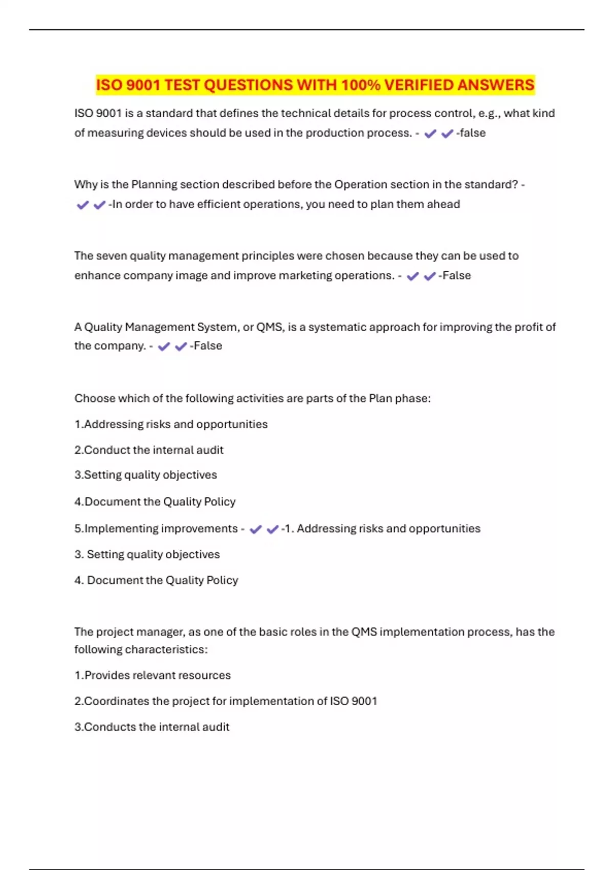 ISO 9001 TEST QUESTIONS WITH 100% VERIFIED ANSWERS - ISO 9001 - Stuvia US