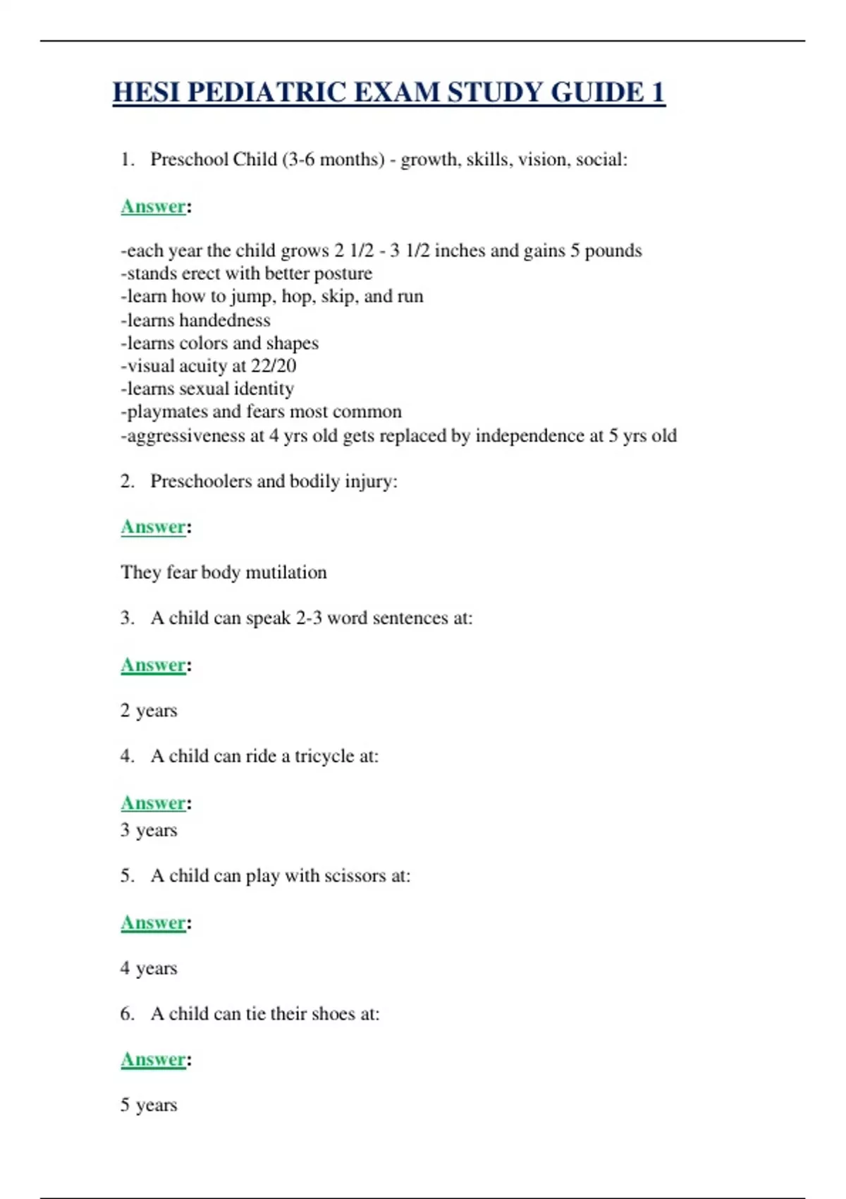 HESI PEDIATRIC EXAM STUDY GUIDE V1 - V3 ( UPDATED 2025 ) | QUESTIONS ...