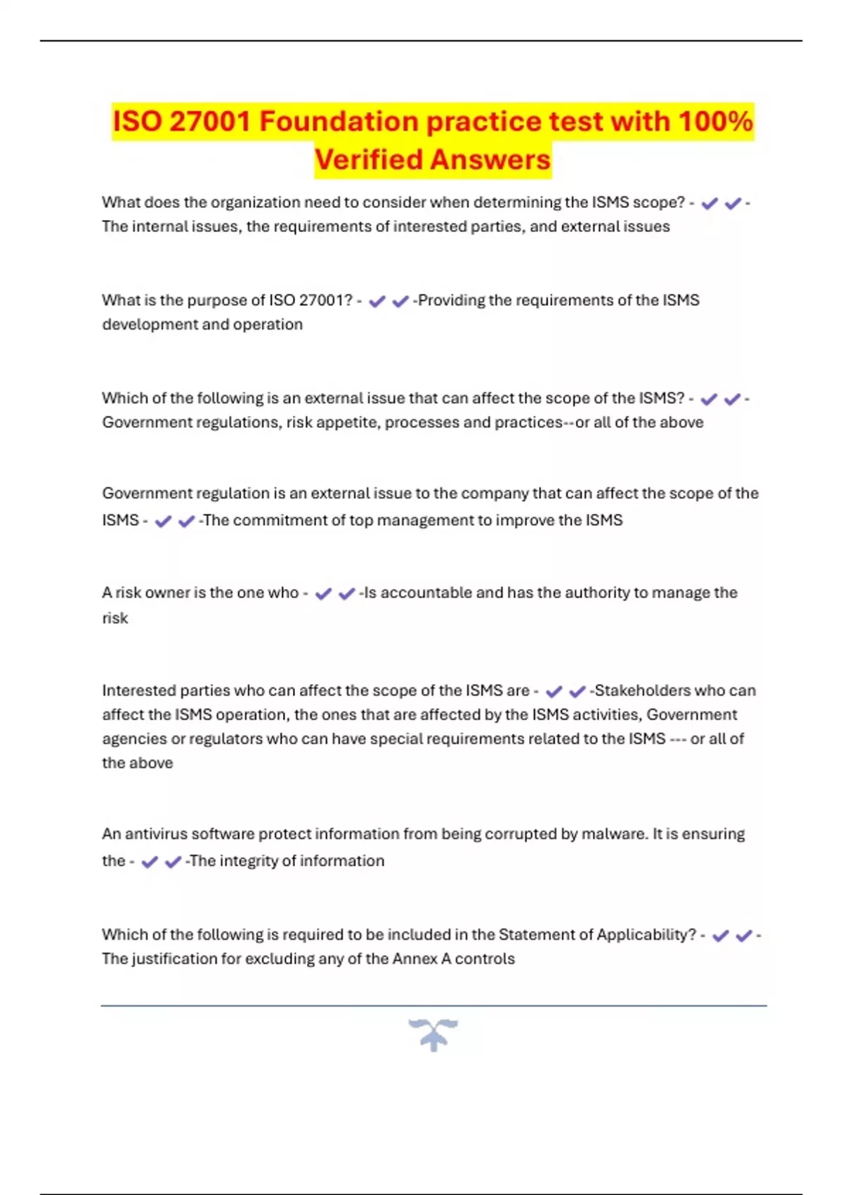 ISO 27001 Foundation practice test with 100% Verified Answers - ISO ...