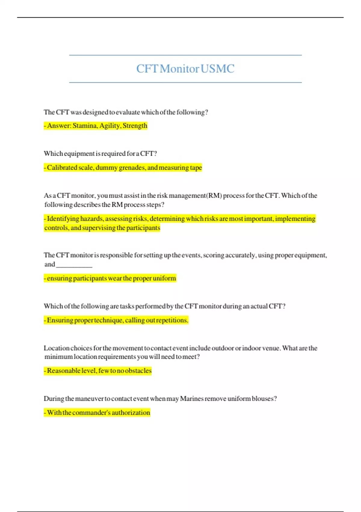 CFT Monitor USMC Exam with 100% Correct Answers 2025/ 2026 - CFT ...