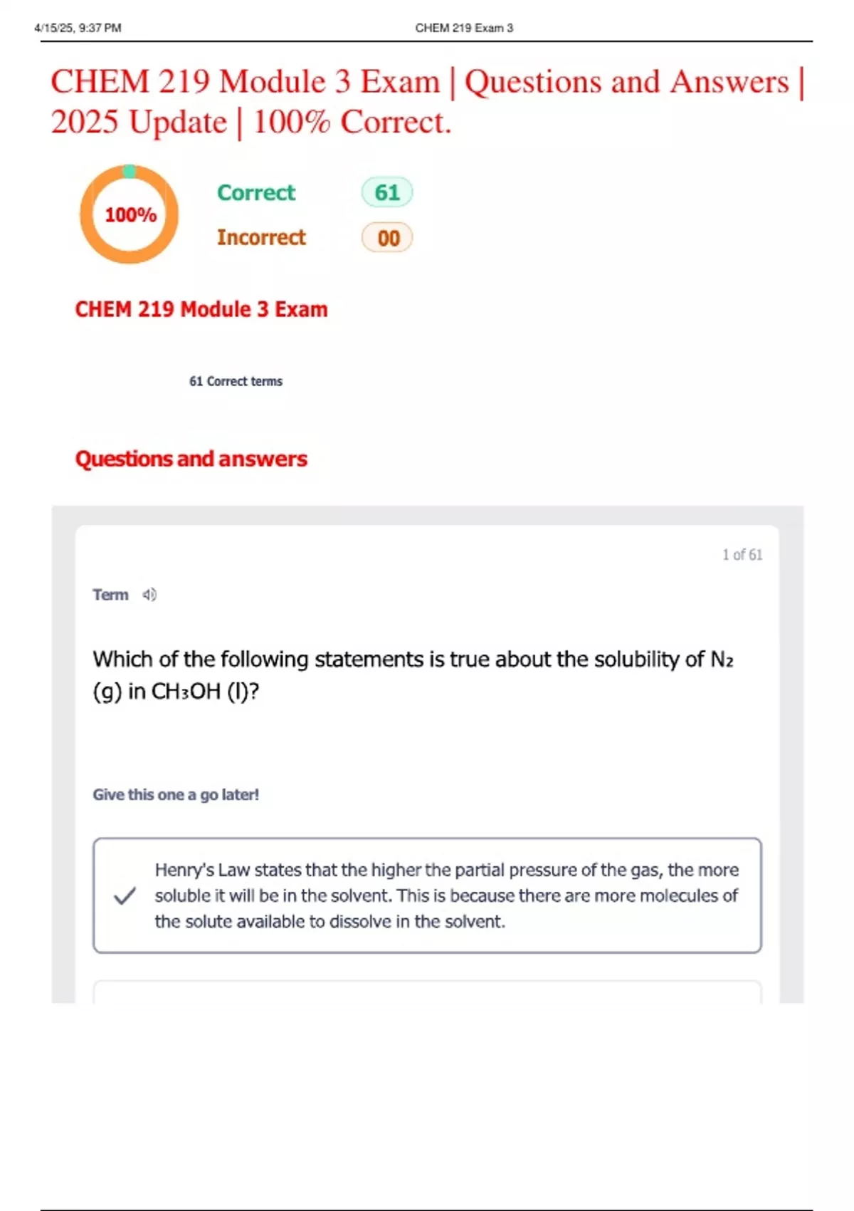 CHEM 219 Module 3 Exam | Questions and Answers | 2025 Update | 100% ...