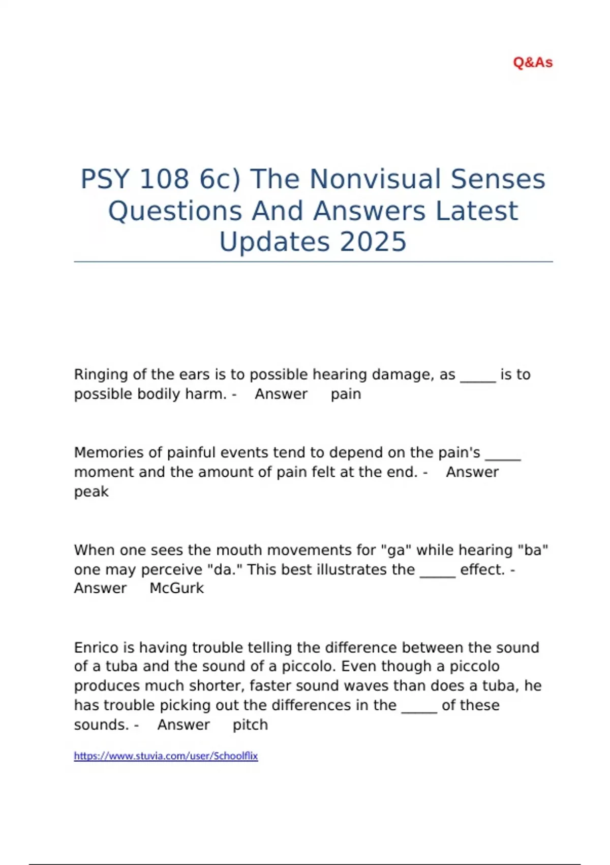 PSY 108 6c) The Nonvisual Senses Questions And Answers Latest Updates ...